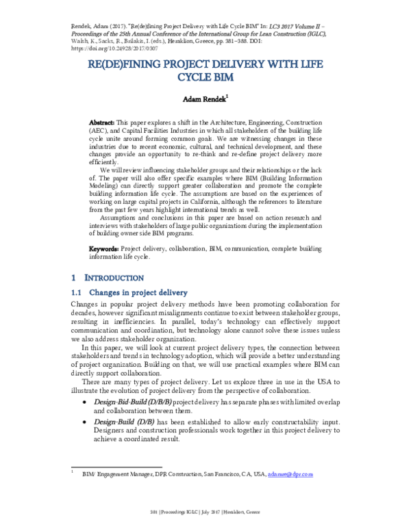 (PDF) Re(de)fining Project Delivery With Life Cycle BIM | Adam Rendek ...