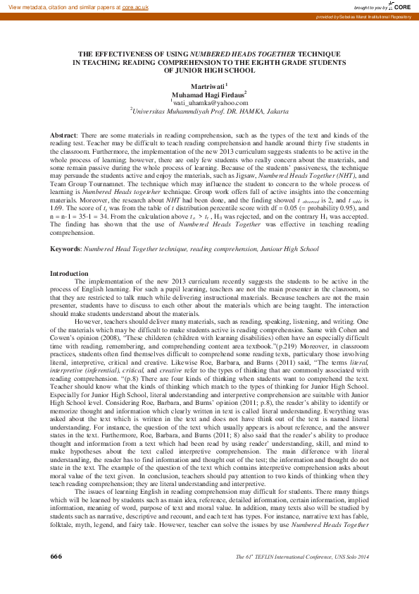 (PDF) The Effectiveness of Using Numbered Heads Togethertechnique in Teaching Reading ...
