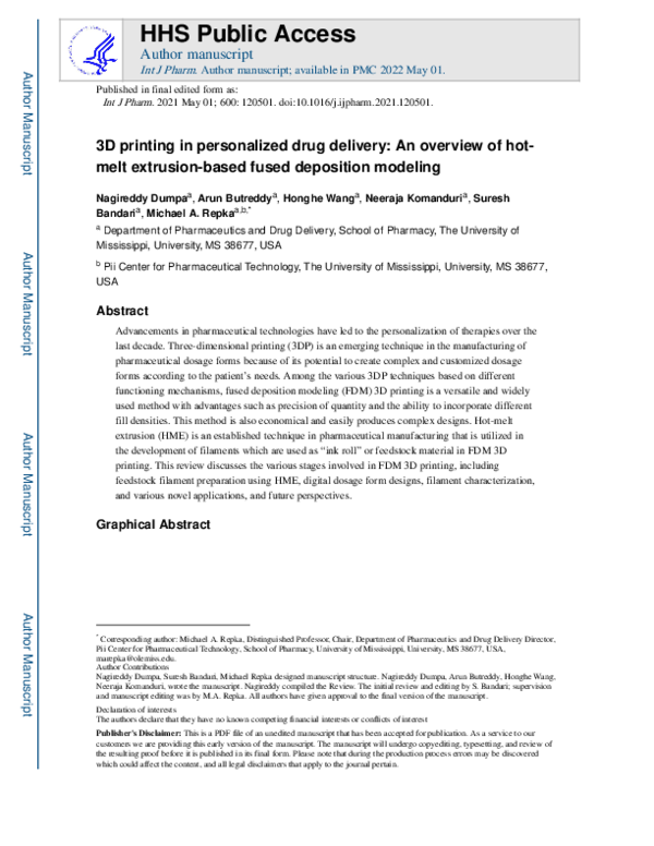 Pdf 3d Printing In Personalized Drug Delivery An Overview Of Hot Melt Extrusion Based Fused 