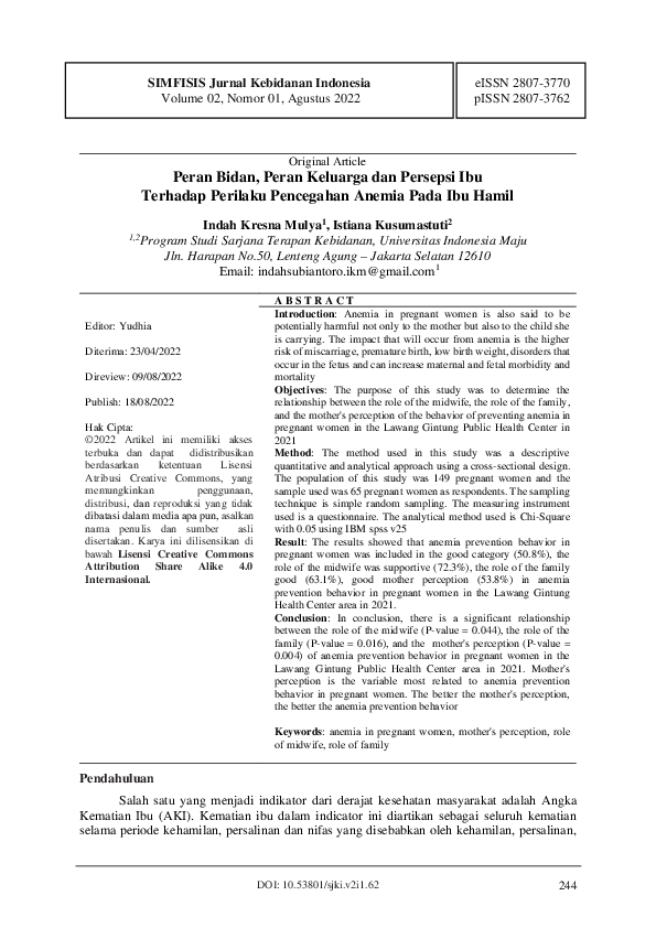 (PDF) Peran Bidan, Peran Keluarga dan Persepsi Ibu Terhadap Perilaku Pencegahan Anemia Pada Ibu ...