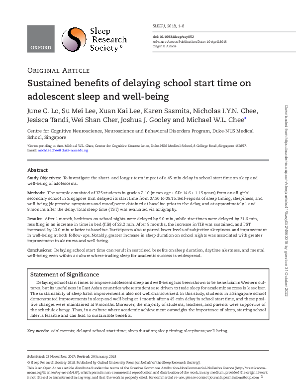 (PDF) Sustained benefits of delaying school start time on adolescent ...