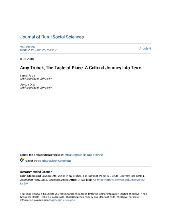 (PDF) Amy Trubek, The Taste of Place: A Cultural Journey into Terroir ...