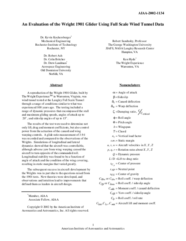 (PDF) Evaluation of the Wright 1901 Glider Using Full-Scale Wind-Tunnel ...