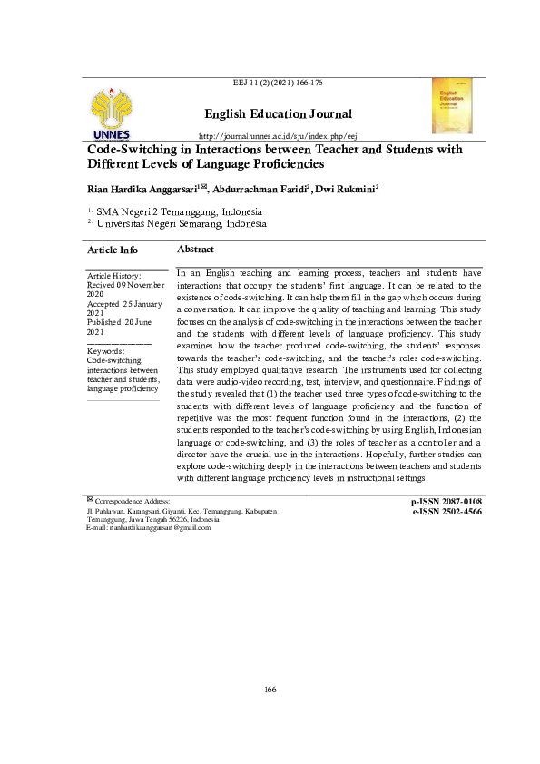 (PDF) Code-Switching in Interactions between Teacher and Students with Different Levels of ...