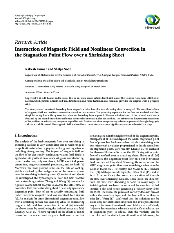 (PDF) Interaction of Magnetic Field and Nonlinear Convection in the Stagnation Point Flow over a ...