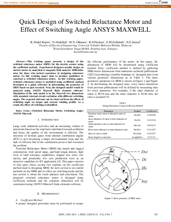 (PDF) Quick Design of Switched Reluctance Motor and Effect of Switching Angle ANSYS MAXWELL