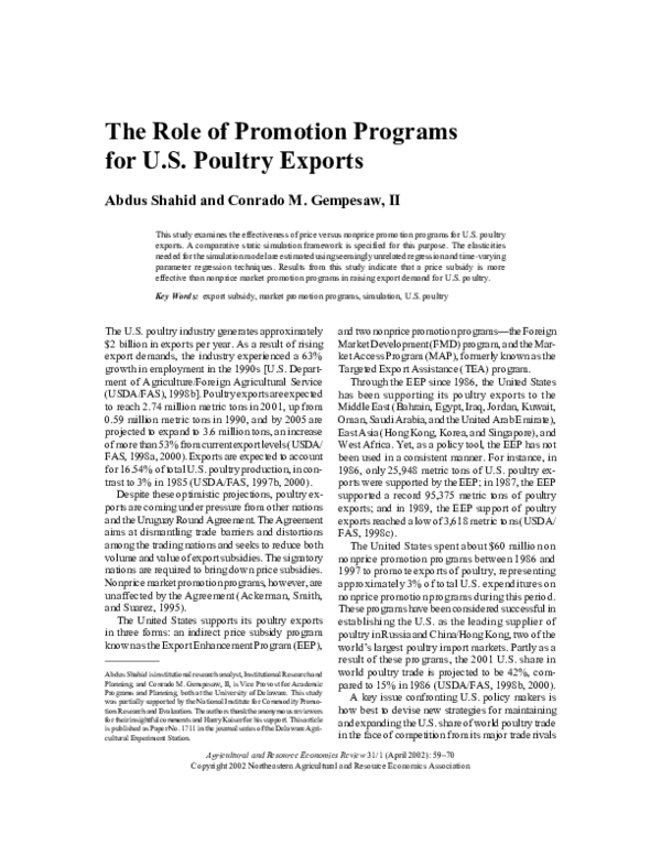 (PDF) The Role of Promotion Programs for U.S. Poultry Exports