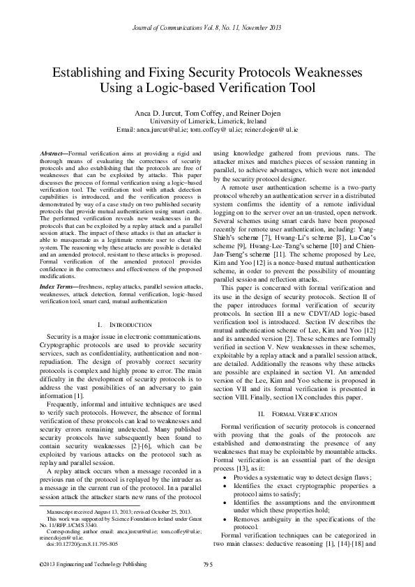 (PDF) Establishing and Fixing Security Protocols Weaknesses Using a Logic-based Verification Tool