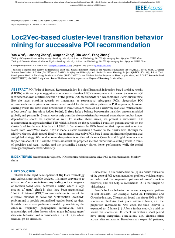 (PDF) Loc2Vec-based cluster-level transition behavior mining for successive POI recommendation