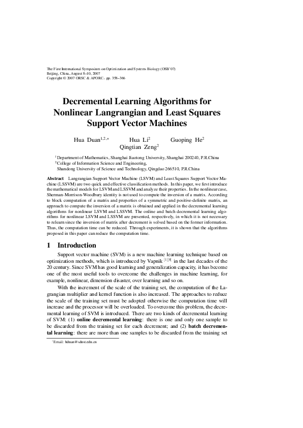 (PDF) Decremental Learning Algorithms for Nonlinear Langrangian and Least Squares Support Vector ...