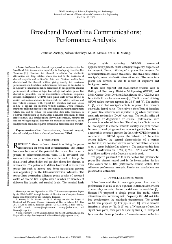 (PDF) Broadband Powerline Communications: Performance Analysis