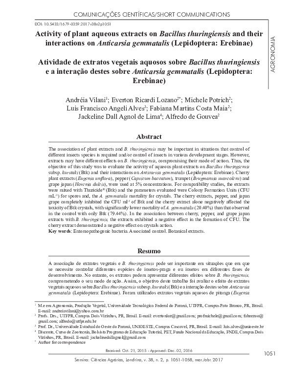 (PDF) Activity of plant aqueous extracts on Bacillus thuringiensis and ...