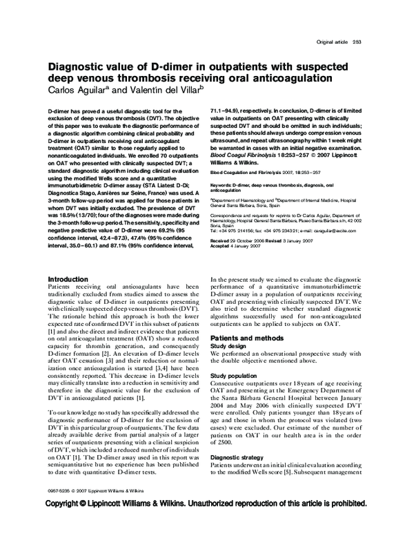 (PDF) Diagnostic value of D-dimer in outpatients with suspected deep ...