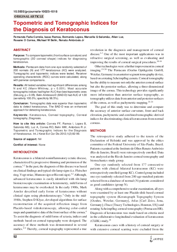 (PDF) Topometric and Tomographic Indices for the Diagnosis of Keratoconus