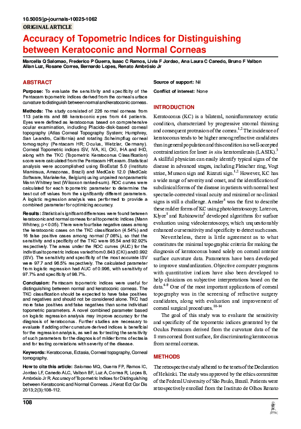 (PDF) Accuracy of Topometric Indices for Distinguishing between Keratoconic and Normal Corneas