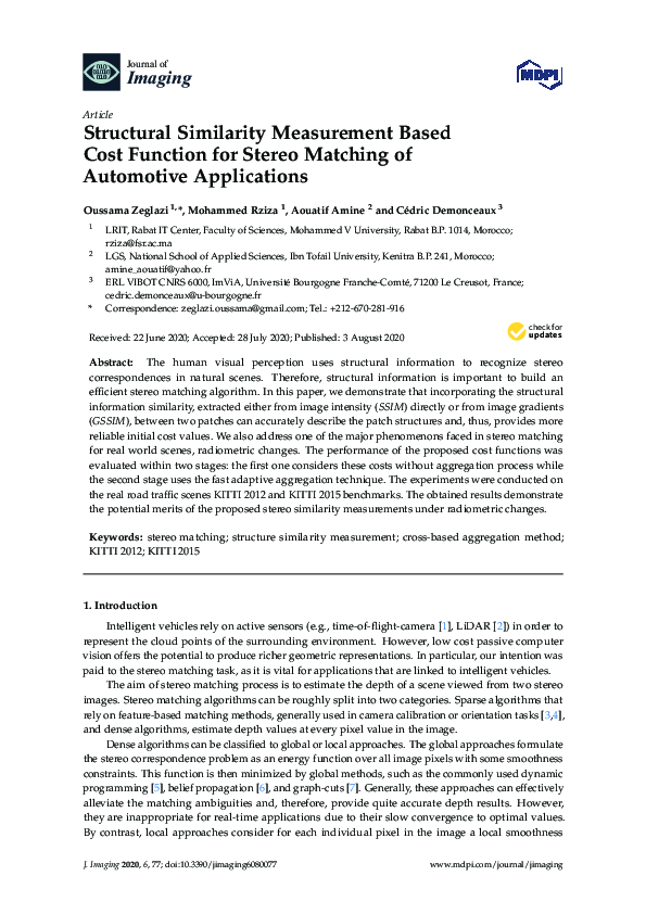 (PDF) Structural Similarity Measurement Based Cost Function for Stereo Matching of Automotive ...