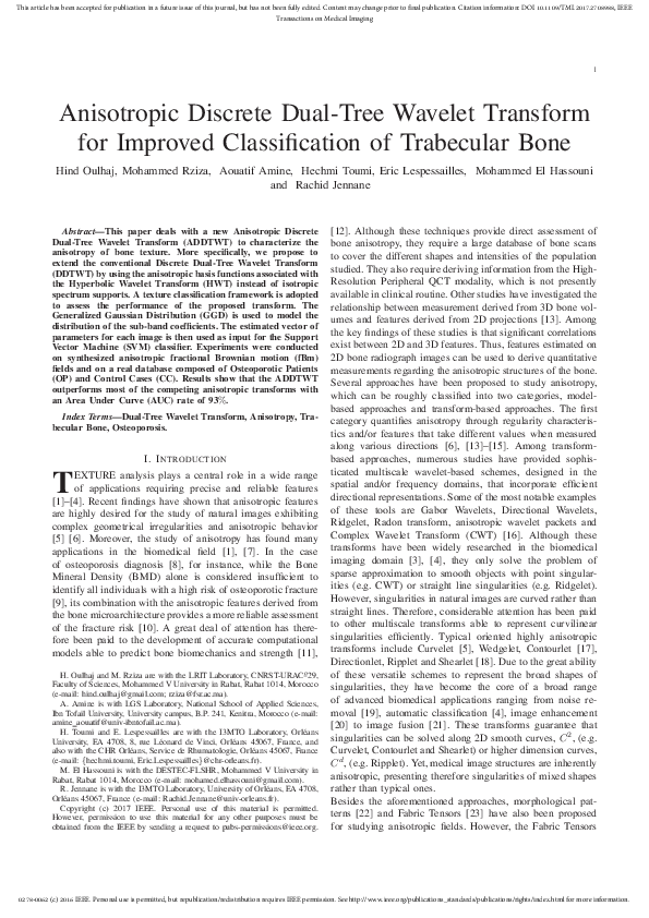 Pdf Anisotropic Discrete Dual Tree Wavelet Transform For Improved Classification Of Trabecular