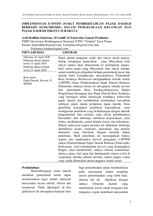 (PDF) Implementasi E-SPTPD (Surat Pemberitahuan Pajak Daerah Berbasis ...