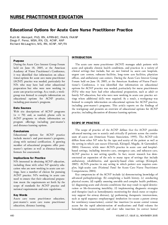(PDF) Educational Options for Acute Care Nurse Practitioner Practice