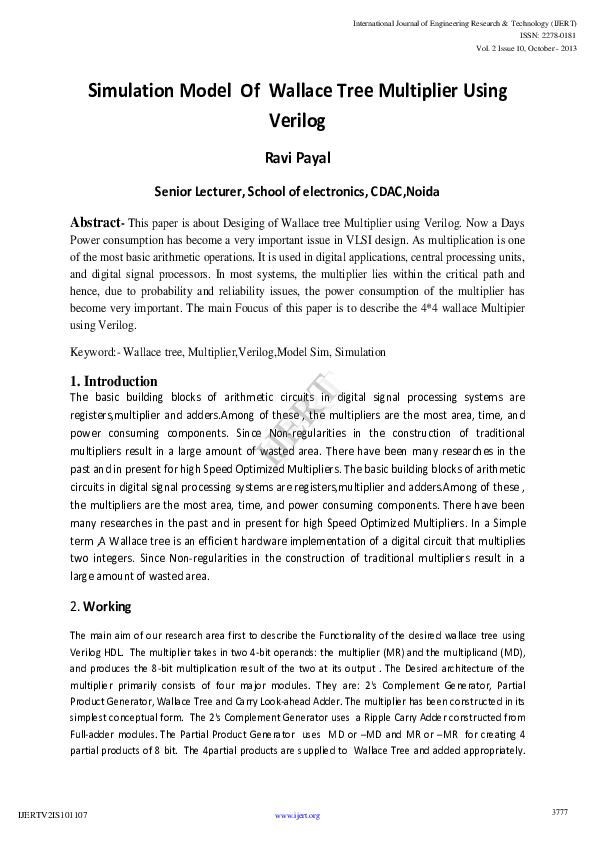 (PDF) Simulation Model Of Wallace Tree Multiplier Using Verilog | Ravi Payal - Academia.edu