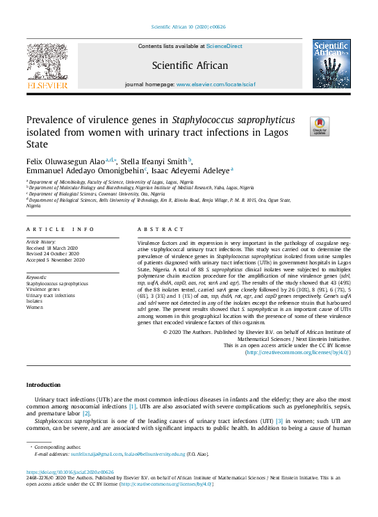 Pdf Prevalence Of Virulence Genes In Staphylococcus Saprophyticus Isolated From Women With