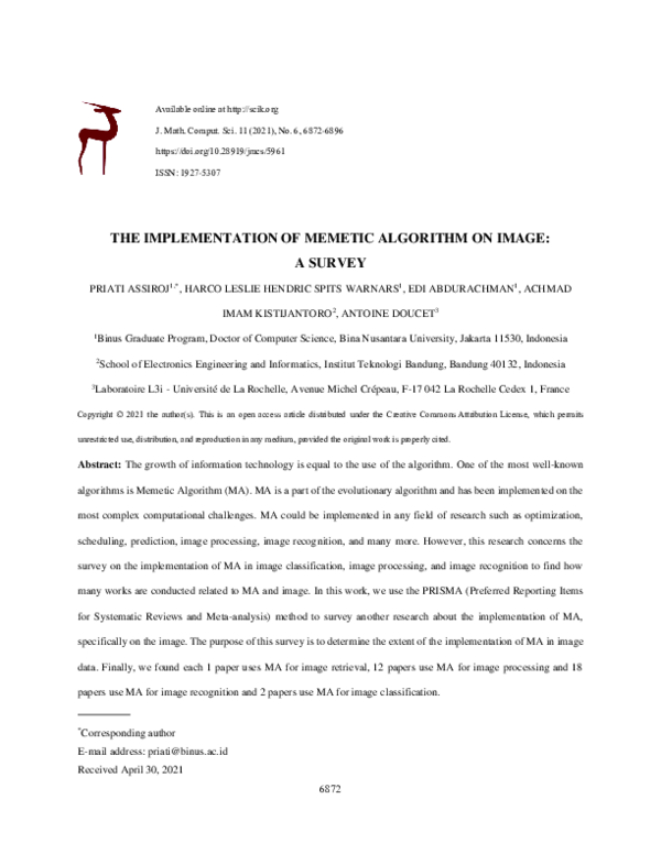 (PDF) The implementation of memetic algorithm on image: a survey
