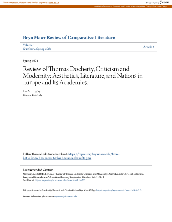 (PDF) Review of Thomas Docherty, Criticism and Modernity: Aesthetics ...