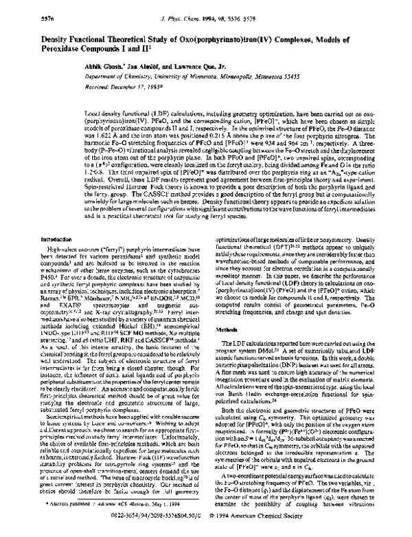 (PDF) Density Functional Theoretical Study of Oxo(porphyrinato)iron(IV) Complexes, Models of ...