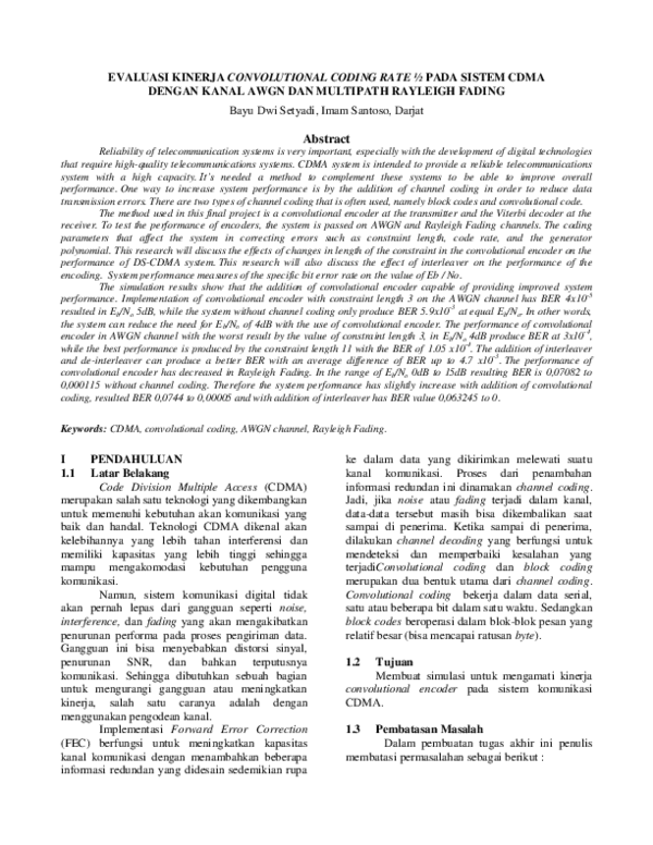 (PDF) Evaluasi Kinerja Convolutional Coding Rate ½ Pada Sistem Cdma Dengan Kanal Awgn Dan ...