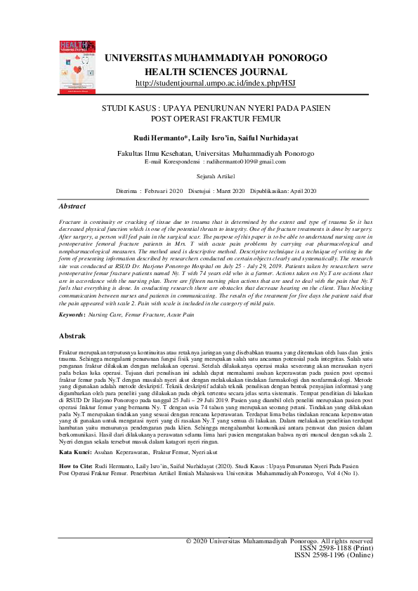 (PDF) Studi Kasus : Upaya Penurunan Nyeri Pada Pasien Post Operasi ...