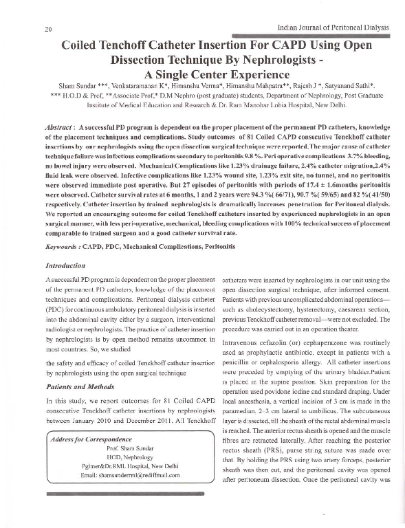 (PDF) Coiled Tenchoff Catheter Insertion For CAPD Using Open Dissection ...