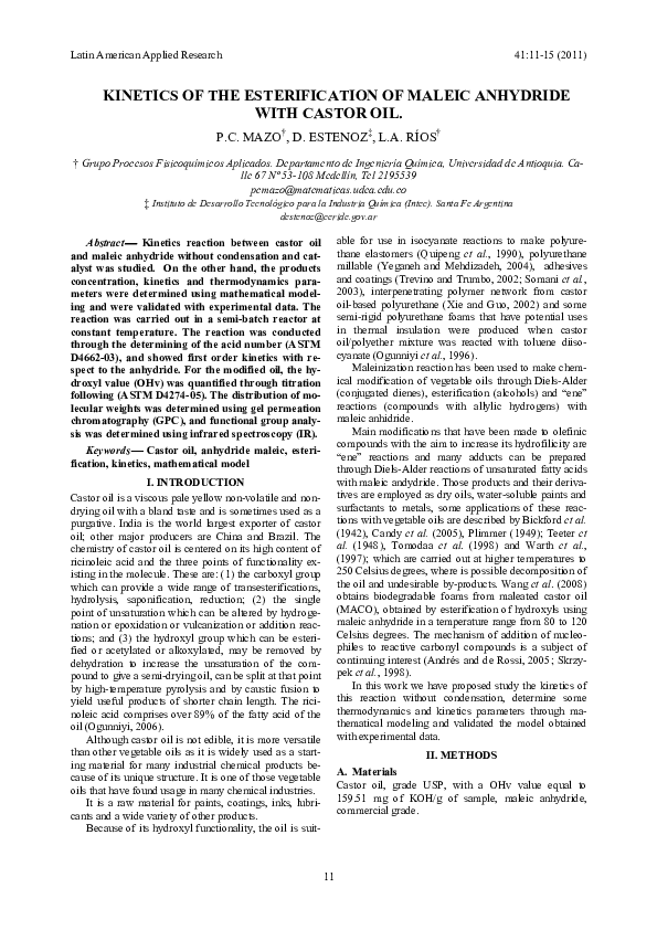 (PDF) Kinetics of the esterification of maleic anhydride with castor ...