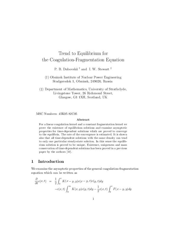 (PDF) Trend to Equilibrium for the Coagulation-Fragmentation Equation