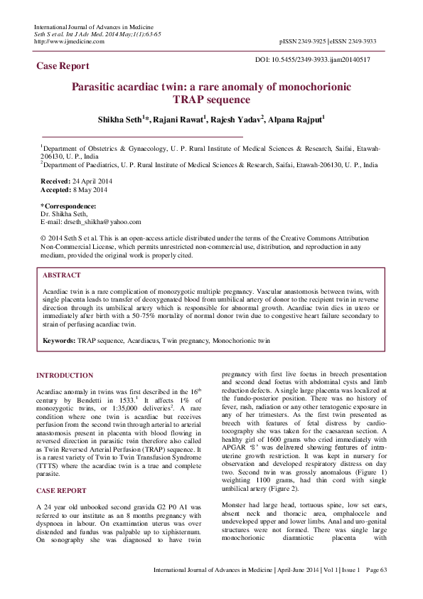 (PDF) Parasitic acardiac twin: a rare anomaly of monochorionic TRAP ...