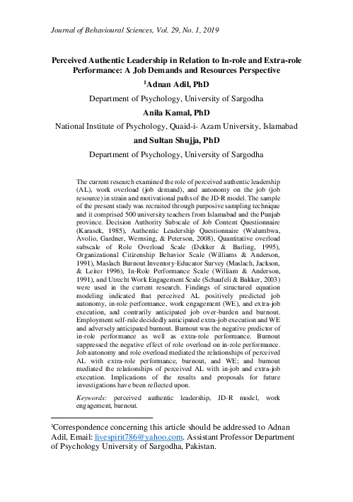 (PDF) Perceived Authentic Leadership in Relation to In-role and Extra ...