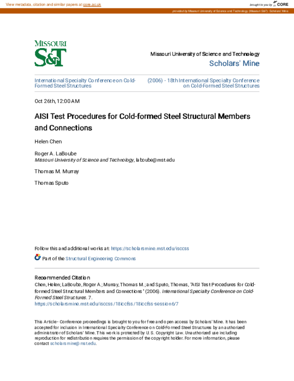 (PDF) AISI Test Procedures for Cold-formed Steel Structural Members and ...