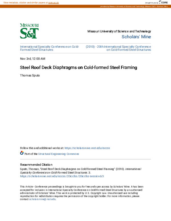 (PDF) Steel Roof Deck Diaphragms on Cold-formed Steel Framing