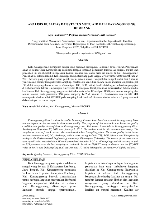 (PDF) ANALISIS KUALITAS DAN STATUS MUTU AIR KALI KARANGGENENG, REMBANG