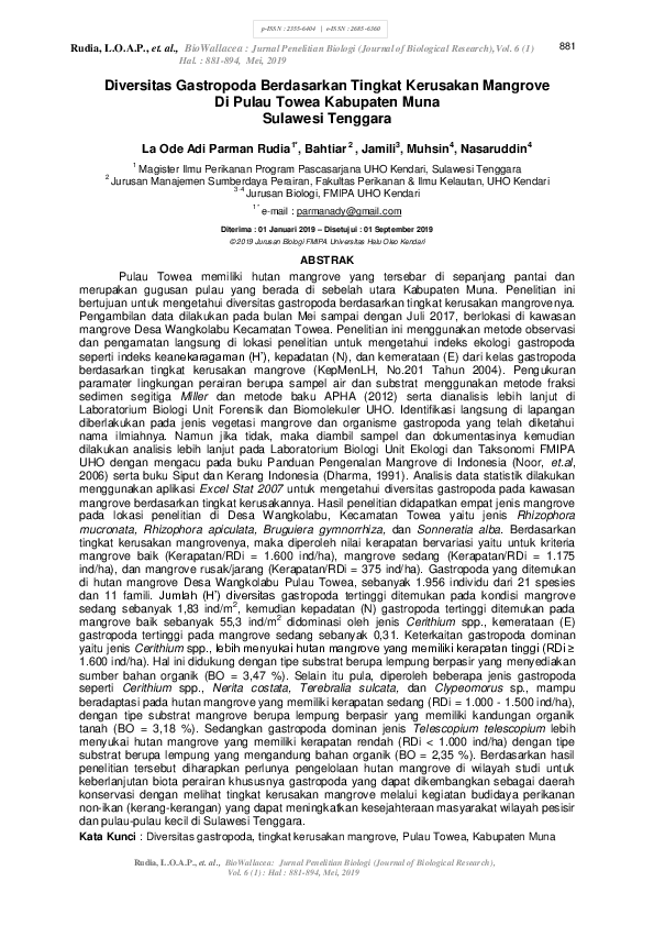 (PDF) Diversitas Gastropoda Berdasarkan Tingkat Kerusakan Mangrove Di ...