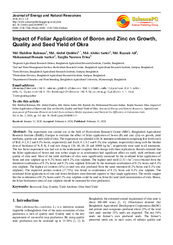 Pdf Impact Of Foliar Application Of Boron And Zinc On Growth Quality