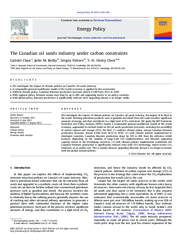 (PDF) The Canadian oil sands industry under carbon constraints