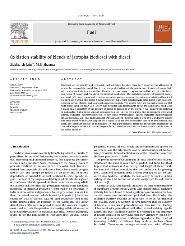 (PDF) Oxidation stability of blends of Jatropha biodiesel with diesel