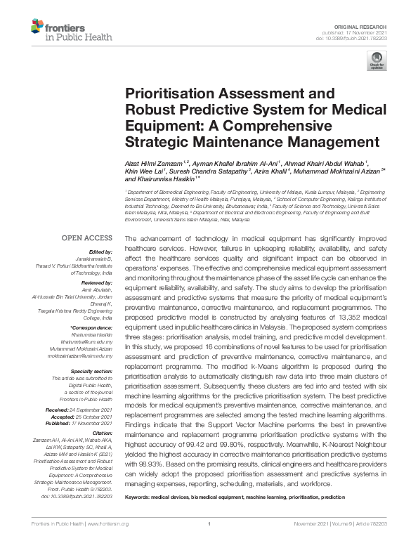 (PDF) Prioritisation Assessment and Robust Predictive System for Medical Equipment: A ...