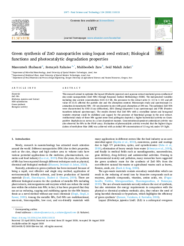 (PDF) Green synthesis of ZnO nanoparticles using loquat seed extract; Biological functions and ...