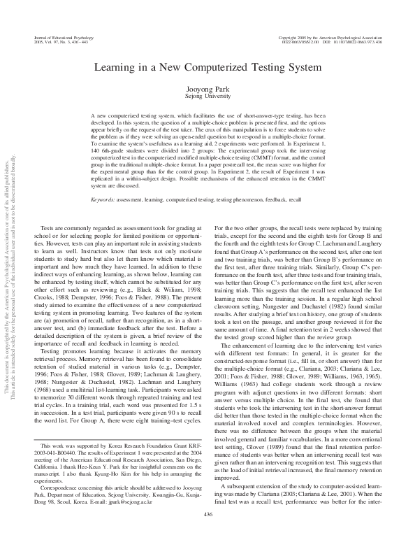(PDF) Learning in a New Computerized Testing System