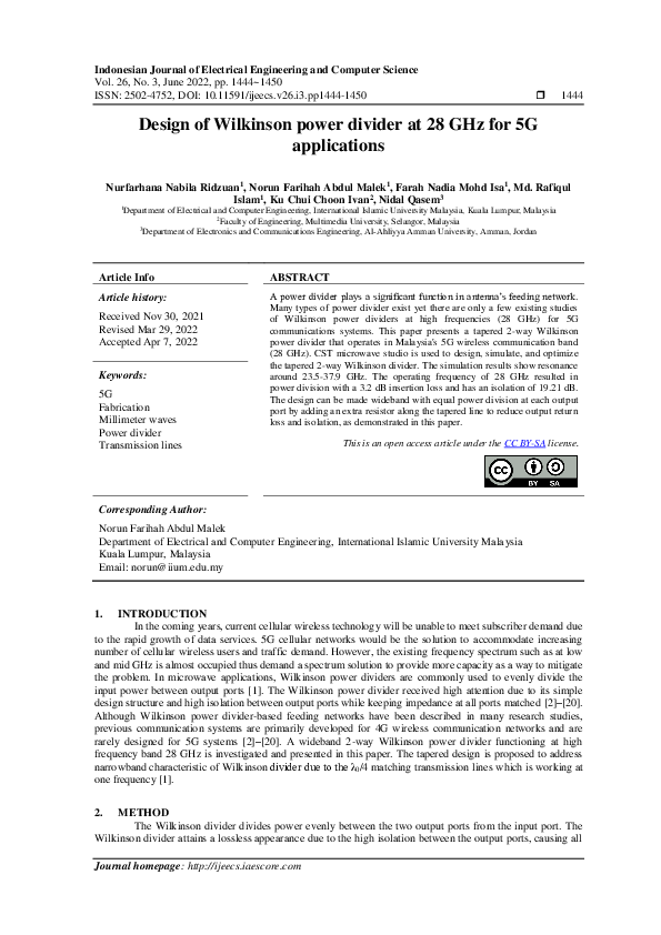 (PDF) Design of Wilkinson power divider at 28 GHz for 5G applications