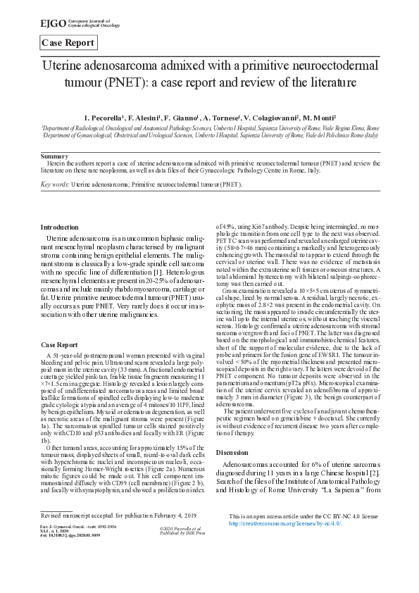 Pdf Uterine Adenosarcoma Admixed With A Primitive Neuroectodermal