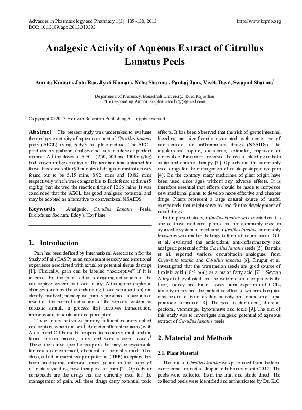 (PDF) Analgesic Activity of Aqueous Extract of Citrullus Lanatus Peels