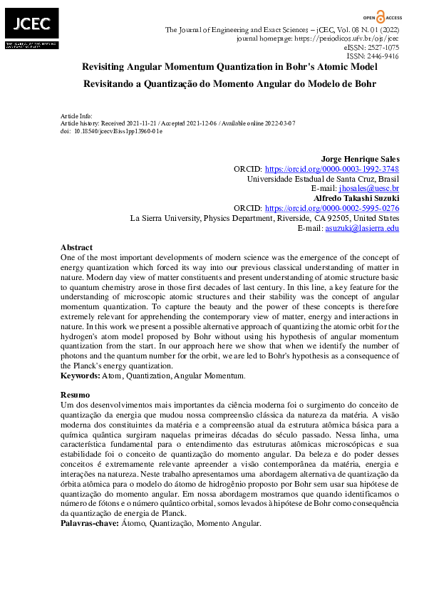 Pdf Revisiting Angular Momentum Quantization In Bohrs Atomic Model Alfredo Takashi Suzuki