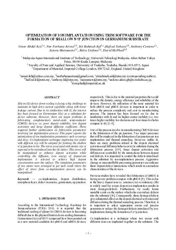 Pdf Optimization Of Ion Implantation Using Trim Software For The Formation Of Shallow Np